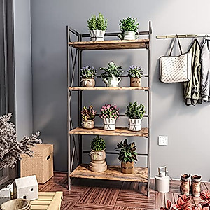 Borzer Folding Bookshelf No Assembly Bookcase Industrial Storage Shelves (Rustic Brown, 4 Tier)