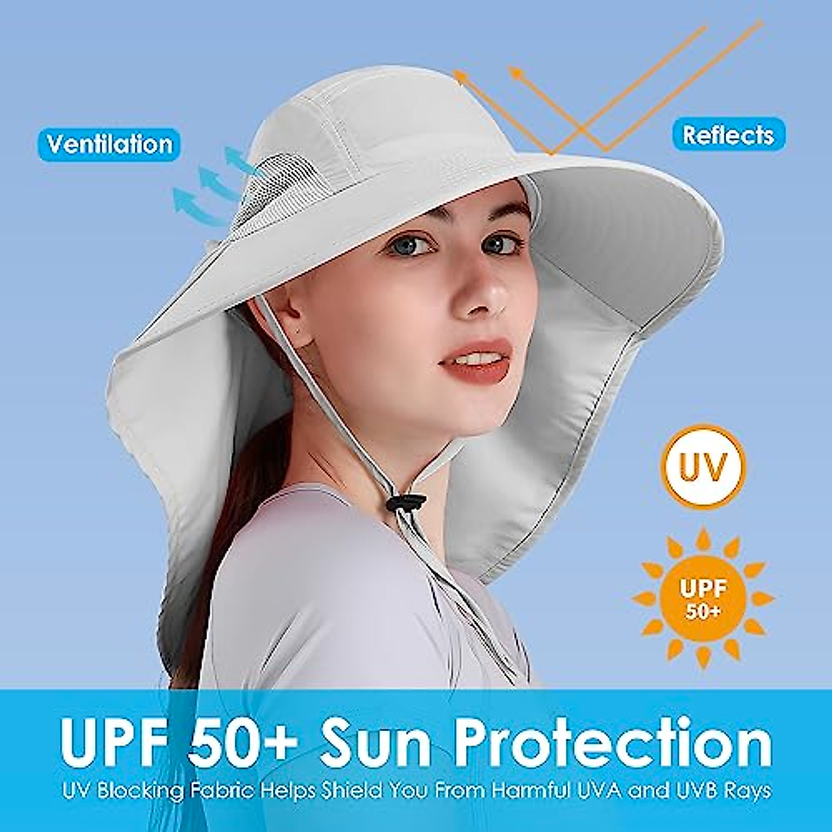 Womens Sun Hat UV Protection, Foldable Waterproof Wide Brim Bucket Hats with Neck Flap for Summer Beach Fishing Hiking Light Grey