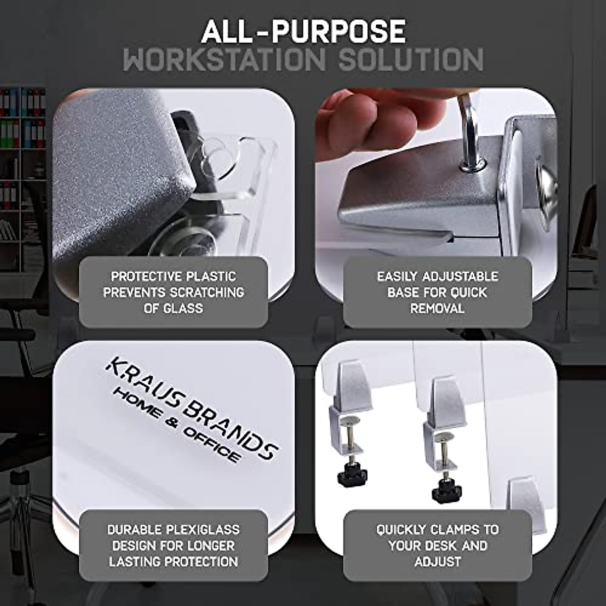 4 Pack - Desk Divider Office Partitions - Crystal Clear Acrylic Plexiglass. Adjustable Silver Clamps Included. Desk Divider for Schools or Offices. Clear Plexiglass Sneeze Guard, 22x22 inches.