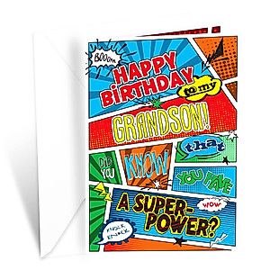 Prime Greetings Birthday Card For Grandson, Made in America, Eco-Friendly, Thick Card Stock with Premium Envelope 5in x 7.75in, Packaged in Protective Mailer (Superhero)