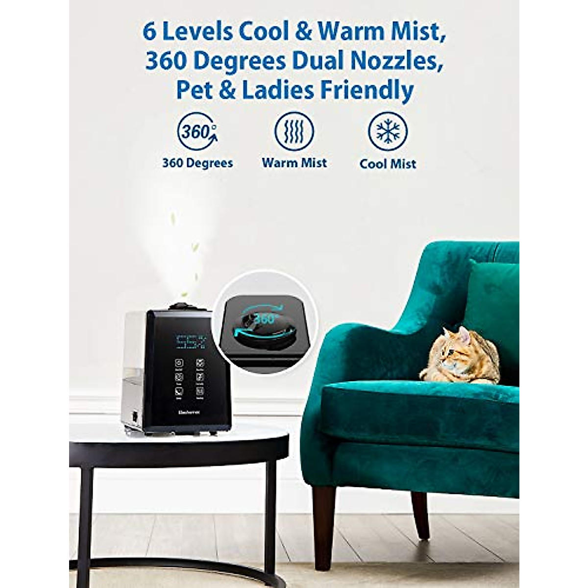 Elechomes Humidifiers for Bedroom (6L), Ultra-Quiet Warm and Cool Mist Humidifiers for Home, Baby and Plants, Customized Humidity, Sleep Mode, Timer, UC5501, Black
