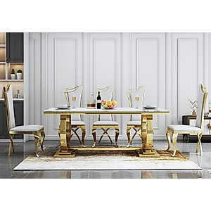 SSLine Modern White Marble Dining Table for 6-8 Rectangle 70" Faux Marble Kitchen Table for 6 Luxury Dining Room Table with Gold Mirrored Stainless Steel U Shape Pedestal Base for Home Office