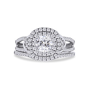 SAVEARTH DIAMONDS 1 CT Center 5MM Cushion & Round Cut Lab Created Moissanite Diamond Double Halo Split Shank Bridal Set Ring In 14K White Gold Over Sterling Silver(VVS1 Clarity)-10