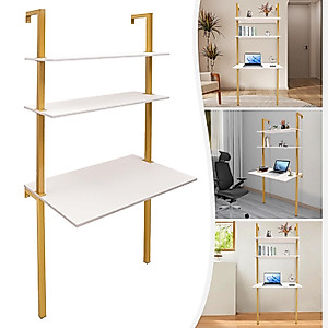 AOOCHU Wall Mounted Desk Computer Writing Table Wall Mount Ladder Small Computer Desktop 3Tier Computer Desk Storage Desk Cabinet with Power Strip for Home Office Student Dormitories (Gold, White)
