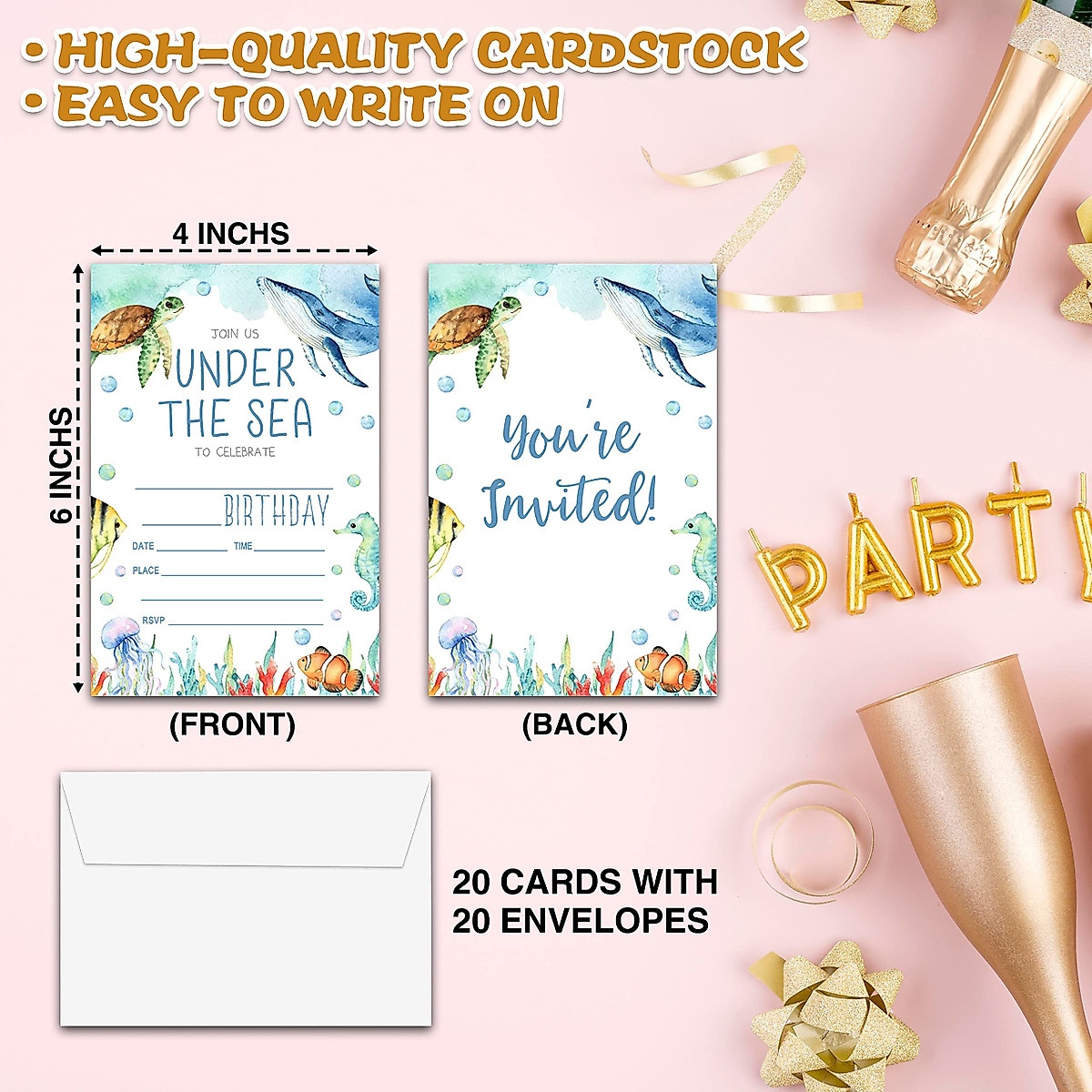 Chuxvon Birthday Party Invitations, Under The Sea Birthday Invitations, Double-Sided Watercolor Ocean Animals Themed Fill In Invites, Ocean Birthday Party Decorations, 20 Cards With 20 Envelopes(B06)