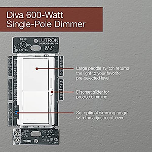 Lutron Diva Dimmer Switch for Incandescent Bulbs, 600-Watt/Single-Pole, DV-600PH-LA, Light Almond