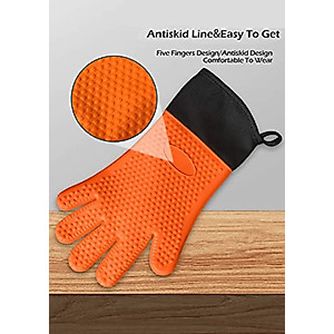 Pair of 2 Grilling Gloves, Heat Resistant Gloves BBQ Kitchen Silicone Oven Mitts, Long Waterproof Non-Slip for Barbecue, Grilling and Cooking in The Kitchen (Orange)