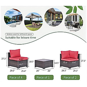 Grezone Patio Furniture Set 7 Piece Outdoor Wicker Sectional Sofa - All Weather PE Rattan Couch Conversation Set with Cushion & Glass Top Table for Backyard Deck Porch,Red