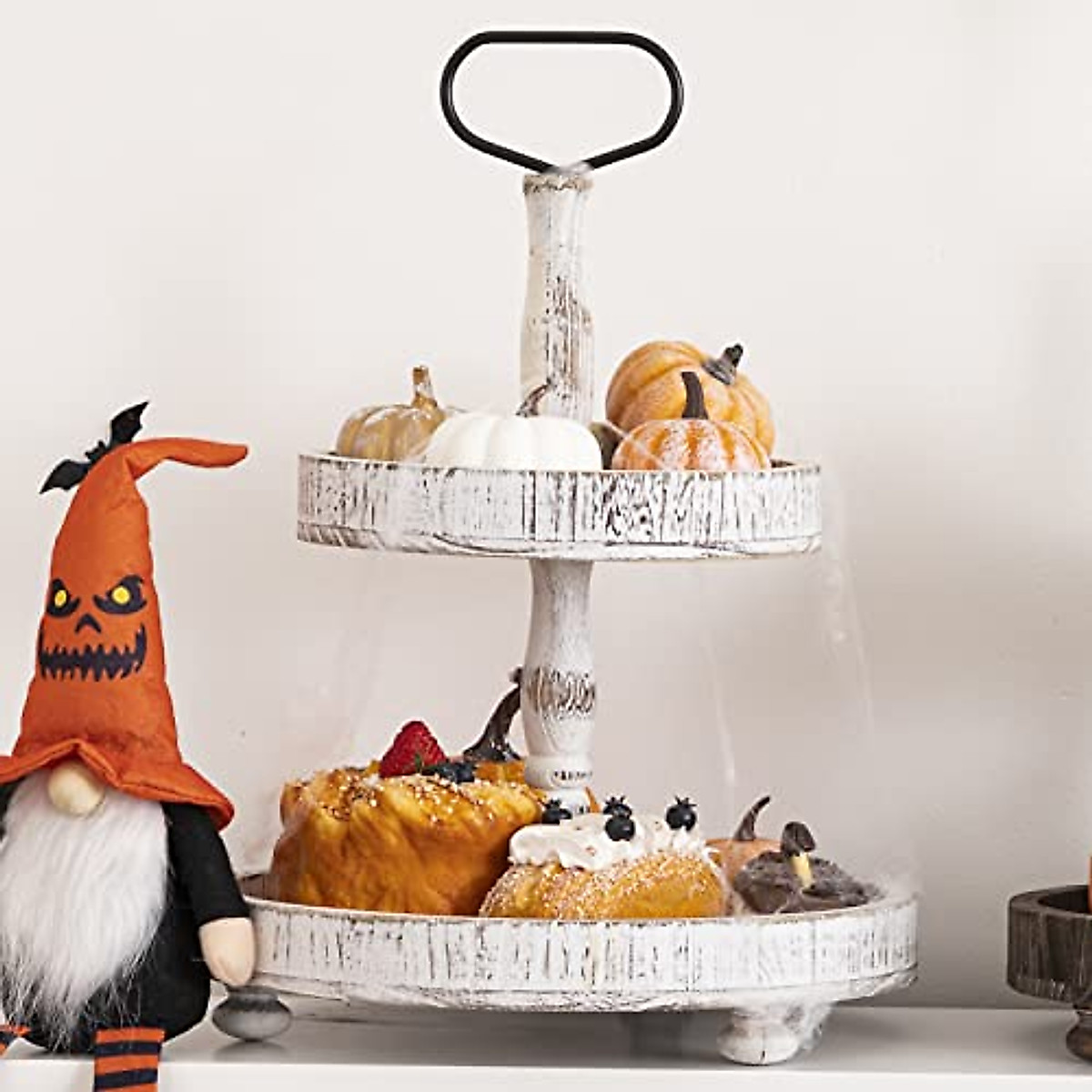 Farmhouse Two Tiered Wooden Tray Stand, UBTKEY 2 Tier Wood Round Decorative Tray with Metal Handle for Home Kitchen Seasonal Holiday Decorations, 17"x13" (Distressed White)