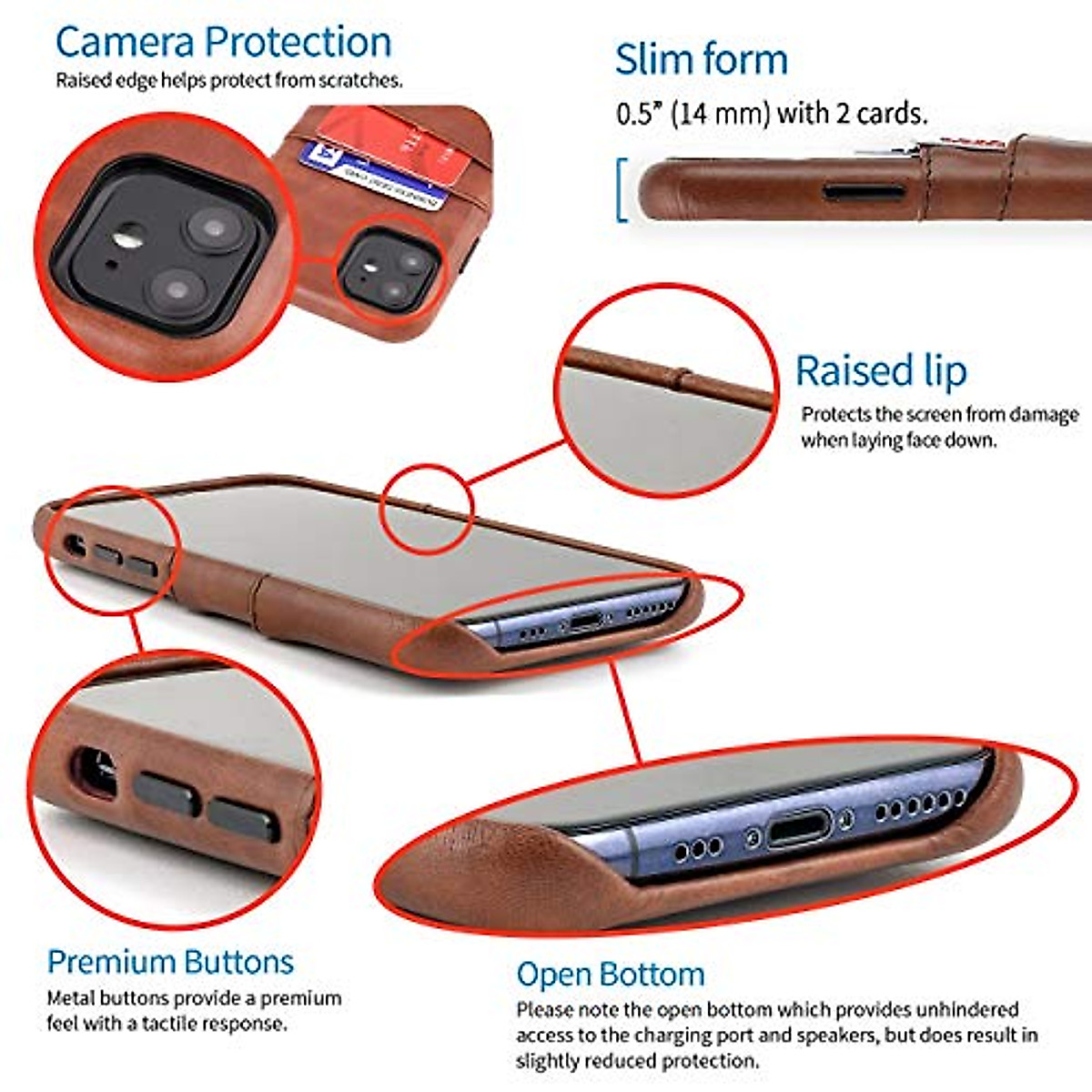 Dockem iPhone 11 Wallet Case: Built-in Metal Plate for Magnetic Mounting & 2 Credit Card Holders (6.1" Exec M2, Synthetic Leather, Brown)