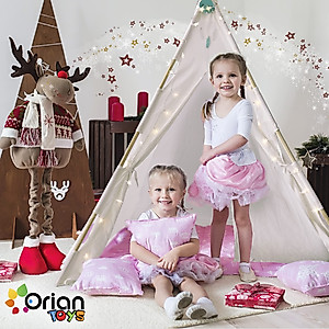 Teepee Tent for Kids - Indoor Tent, Pompon Ball Design, Built-in Mat, Inner Pockets, Window, LED Star Lights, Dream Catcher, Unique Threaded Poles - Strong Foldable Play Tent for Girls & Boys.
