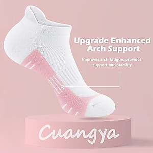 cuangya Performance Ankle Socks Women with Heel Tab for Running Athletic White Socks Pink Low Cut Cushioned 5-Pairs