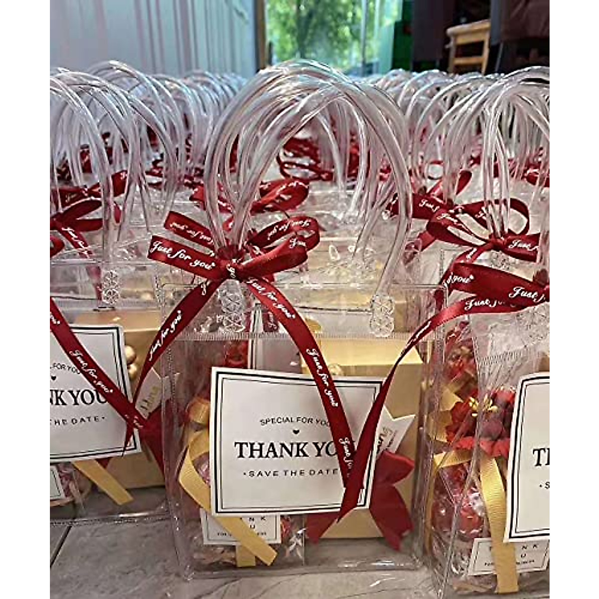 Simple polymer 5 x 2.5 x 5.9 Inch Transparent PVC Gift Wrap Bag with Handles Clear Gift Bags Transparent Shopping Tote Bags,Wedding Candy Bags, Cosmetic Handbags for Cookies, Candies,Dessert,10 Pcs