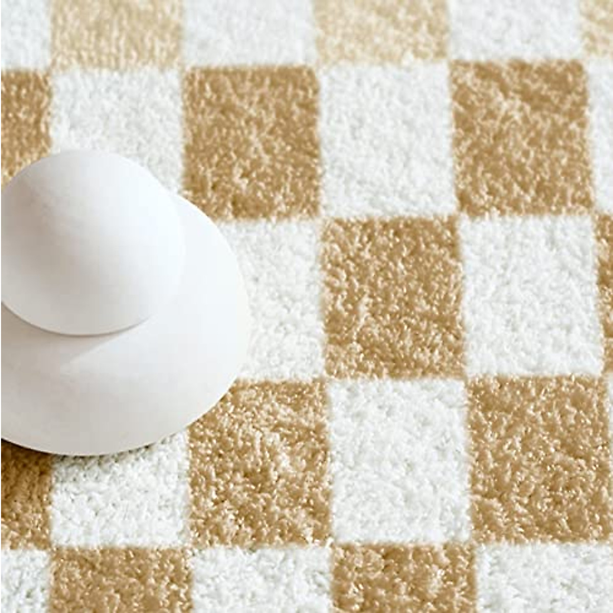 White Brown Retro Round Checkered Area Rug for Living Room Bedroom Playroom Washable Soft Wool Plush Throw Circle Carpet Under Dining Table Beside Bed Chair Runner Rug 7ft