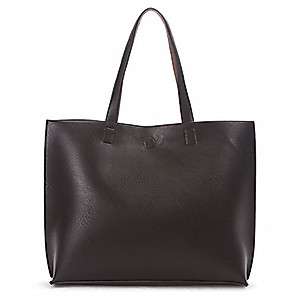 Overbrooke Reversible Tote Bag - Vegan Leather Womens Shoulder Tote with Wristlet, Black/Light Brown, Large