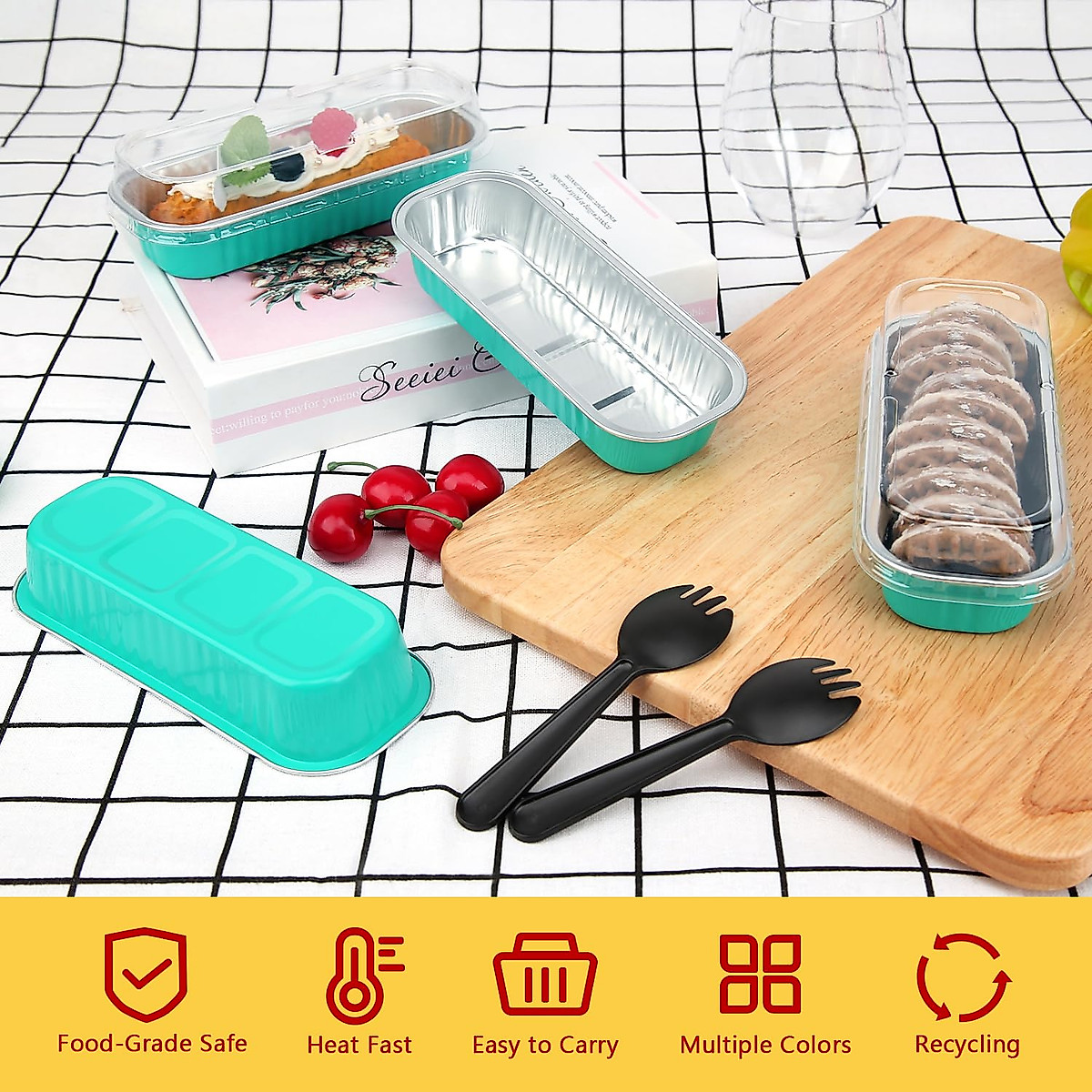 LNYZQUS Mini Loaf Baking Pans with Lids 100 Pack, 6.8oz Rectangle Mini Cake Tins Baking Cups,Disposable Aluminum Foil Mini Baking Pan Muffin Tins Containers -Cyan Blue