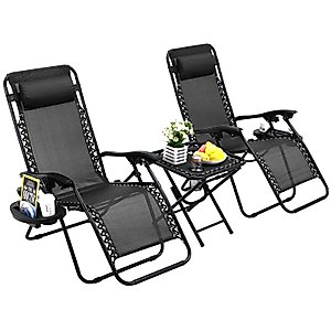AthLike Outdoor Textilene Zero Gravity Chairs Set, Adjustable & Folding Patio Lawn Reclining Lounge, Anti-Gravity Camping Metal Steel Chair w/Side Table, Cup Holders, Pillows (Black)