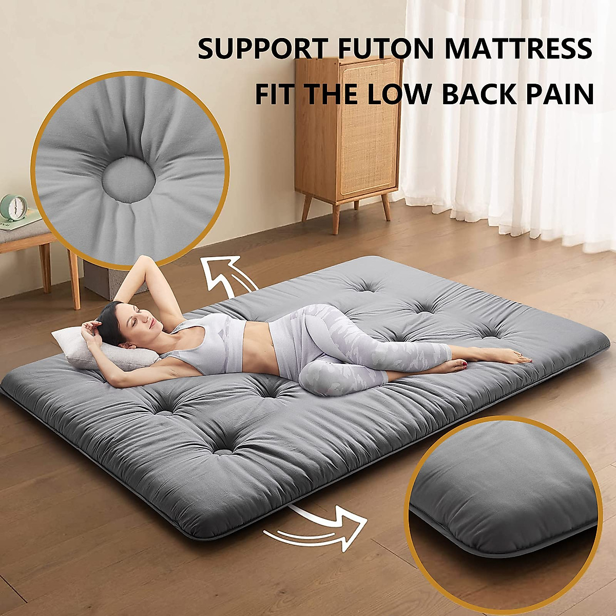 Futon Mattress Japanese Floor Mattress Full Size, Floor Bed Springy & Thick 4 '' Foam, Straps Roll Up Portable & Foldable Tatami Mat