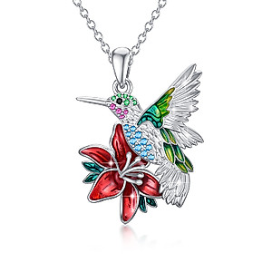 PEIMKO Hummingbird Necklace Enamel Hummingbird Pendant Necklace Sterling Silver Cute Aniamal Bird Necklace with Flower Bird Pendant for Women