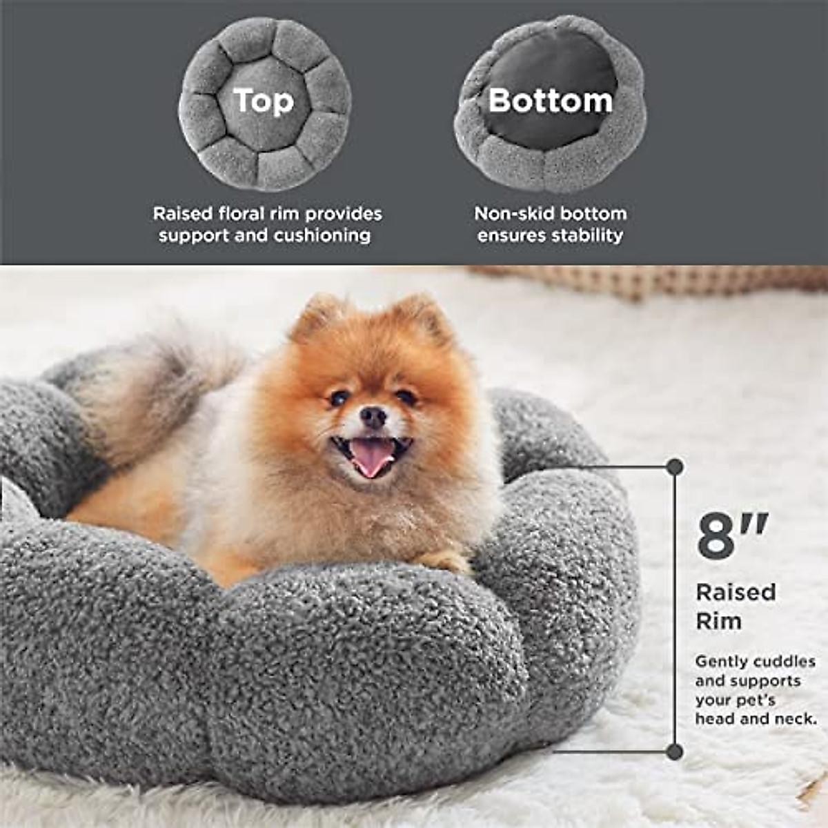 Lesure Calming Small Dog Bed - Flower Donut Round Fluffy Puppy Bed in Plush Teddy Sherpa, Non-Slip Cute Flower Cat Beds for Indoor Cats, Small Pet Bed Fits up to 25 lbs, Machine Washable, Grey 23"