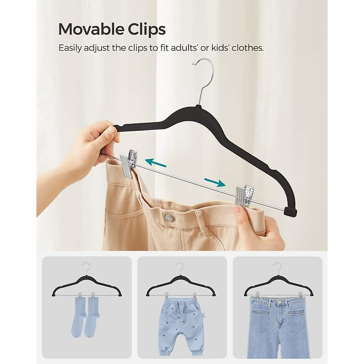 SONGMICS Skirt Hangers, Set of 30 Velvet Hangers with Adjustable Clips, Pants Hangers, Space-Saving, Non-Slip for Skirts, Coats, Dresses, 16.7-Inch Long, Black UCRF12B30