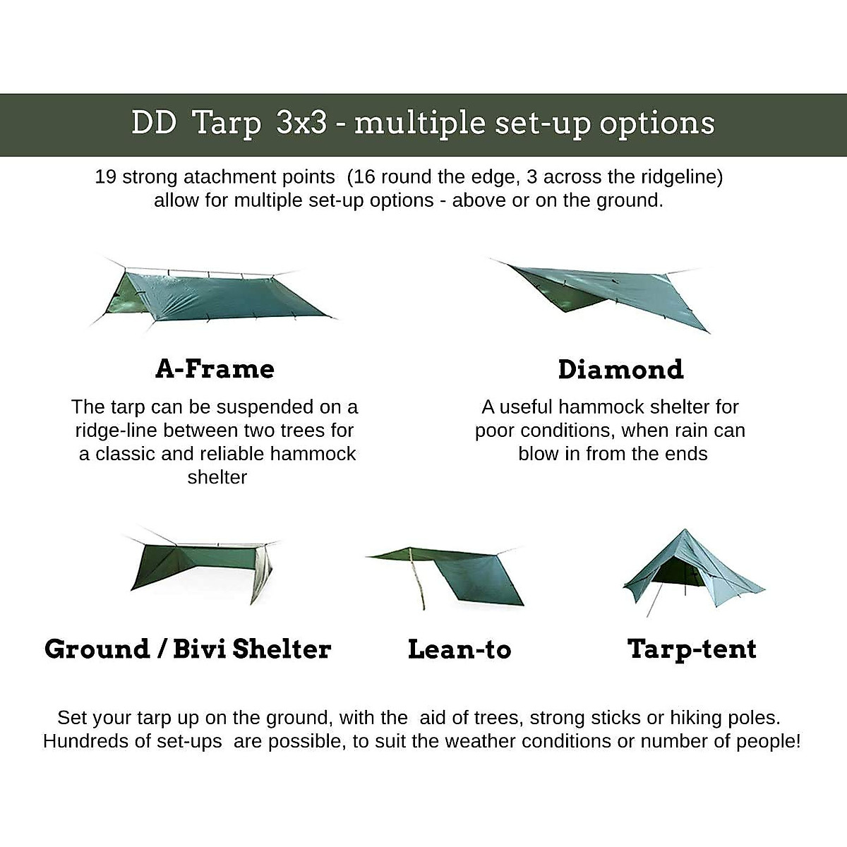 DD Hammocks - DD Tarp 3x3 - Olive Green (10ft x 10ft) - 100% Waterproof Lightweight & Multifunctional Rainfly Tarp Tent Shelter for Camping Backpacking & Hiking Adventure