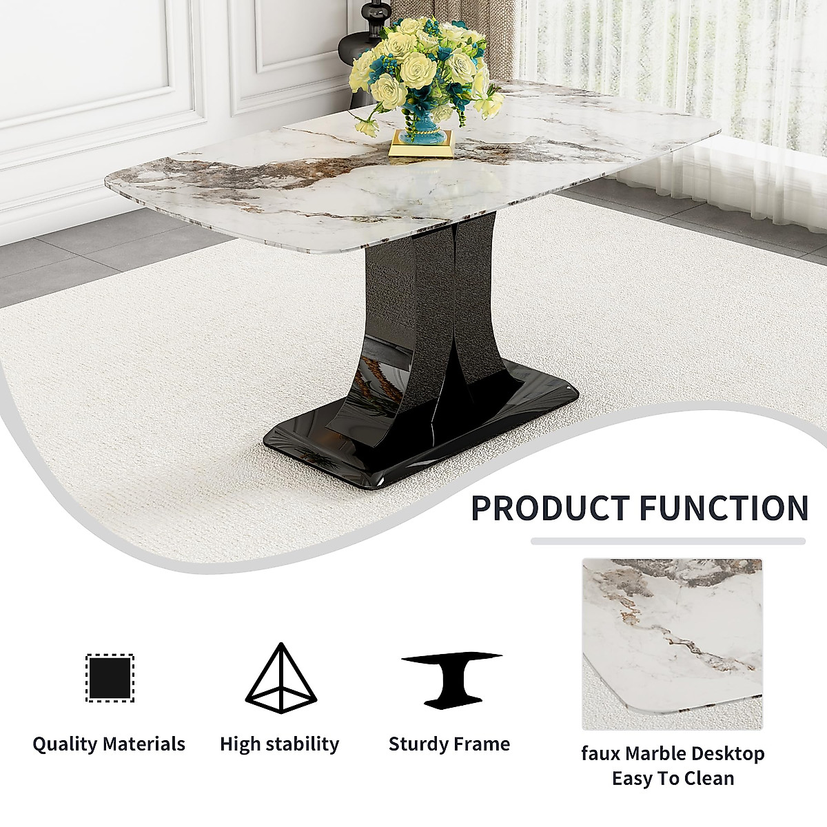 Pvillez 63" White Faux Marble Dining Table, Modern Kitchen Table for 4 6 People, Rectangular Dinner Room Table Marble Sintered Stone Top & Black Curved X Shape Pedestal Table for Dining Room Kitchen