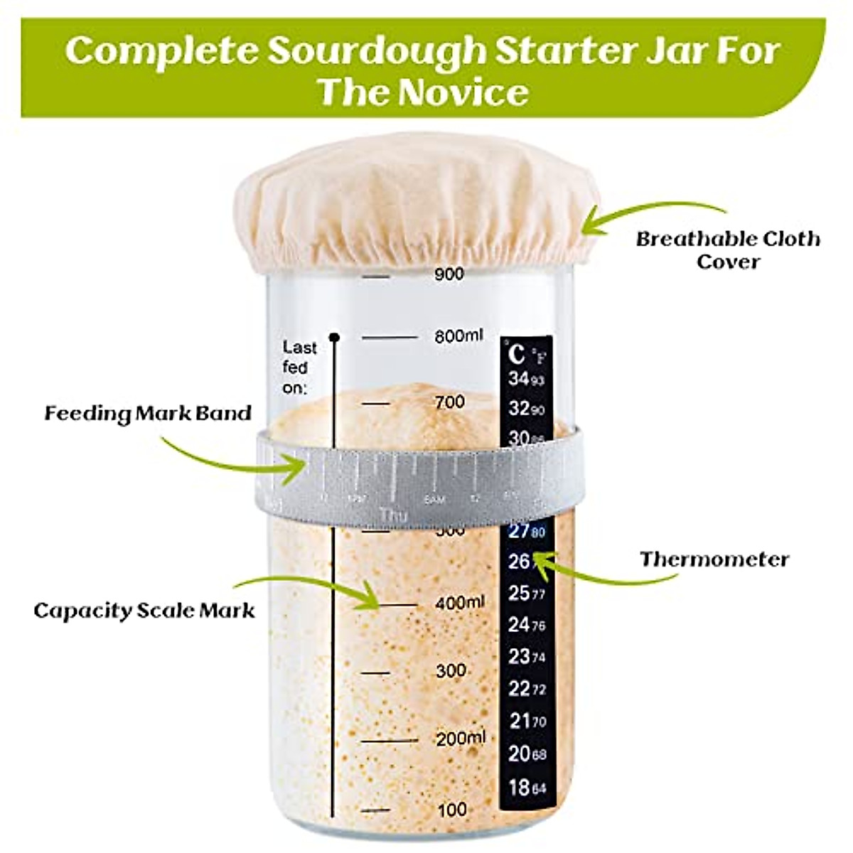 WAVEWISE 1000ML Sourdough Starter Jar Wide Mouth with Thermometer Strip, Scraper, Cloth Cover, Aluminum Lid and Date Marked Feeding Band, 35 Oz Sourdough Starter Jar Kit for Sourdough Bread Baking