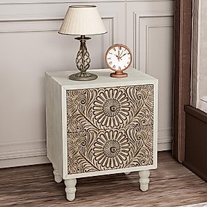 HOMPUS Nightstand, Rustic End Table with 2 Pattern Carved Drawers, Vintage Night Stand with 4 Wood Legs, Small Dresser for Bedroom, Living Room, Light Grey Grain