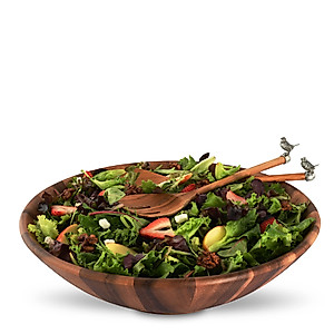 Vagabond House Acacia Wood Salad Bowl With Teak Salad Servers with Metal Song Bird Ends - Spring Servers and Bowl Set 16 inch Diameter x 5 inch Tall