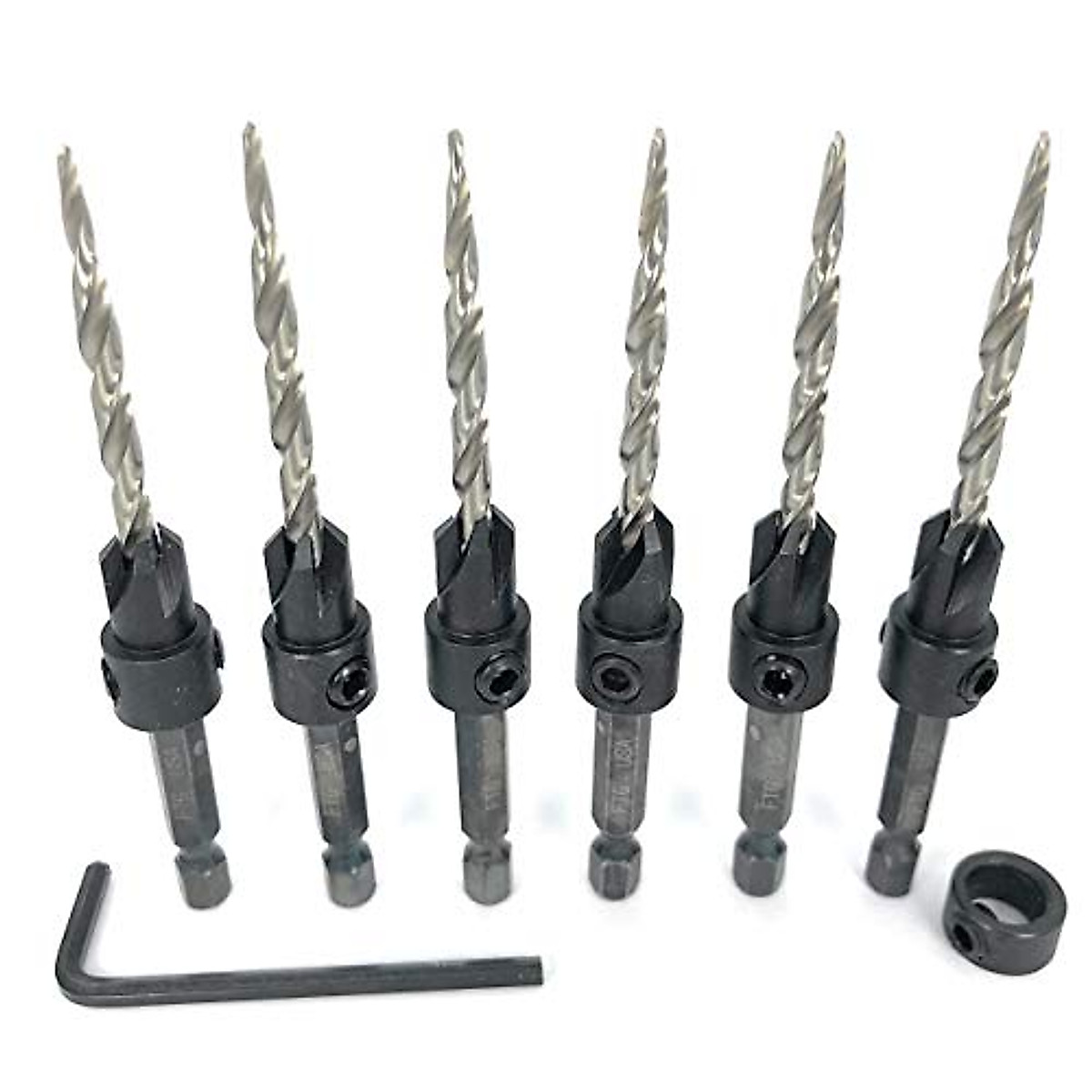 FTG Maximum Torque 6 Piece Same Size #10 (3/16") Pro Pack Countersink Drill Bit Set with 1 Depth Stop Collar 3/8" and 1 Hex Wrench plus 3 Piece Replacement Countersink Drill Bit Only with 1 Hex Wrench