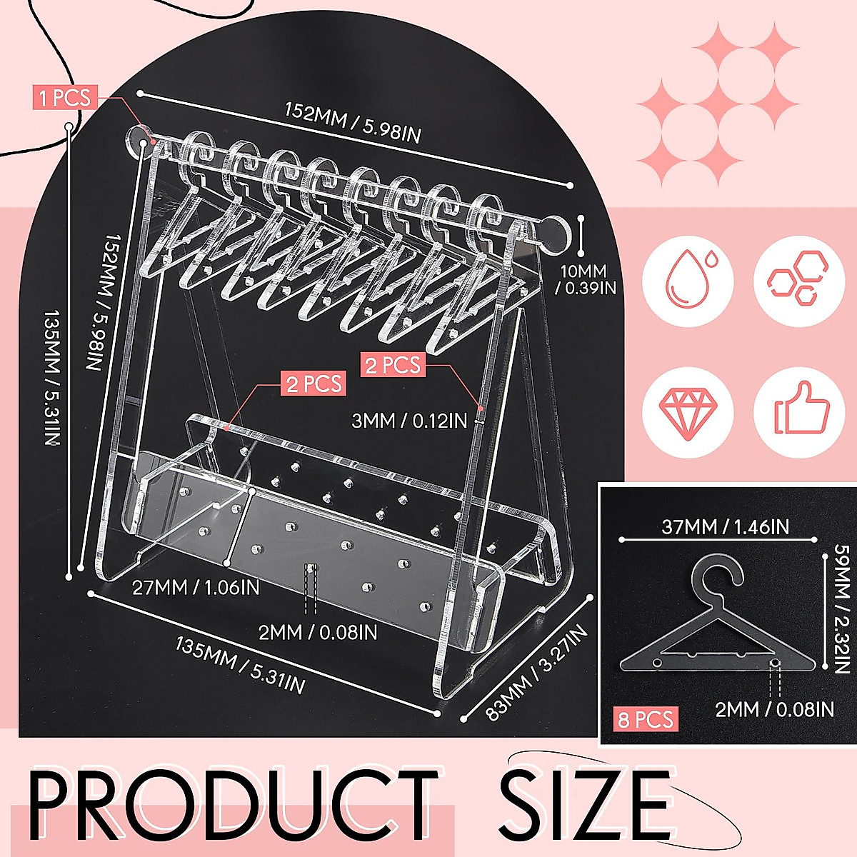 Kigley 4 Pcs Acrylic Earring Hanger Rack Earring Holder Stand Earring Display Each 52 Hole with 8 Mini Hangers Clear Hanging Jewelry Ear Studs Dangle Organizer for Women Girls, 5.31 x 5.31 x 3.27 Inch