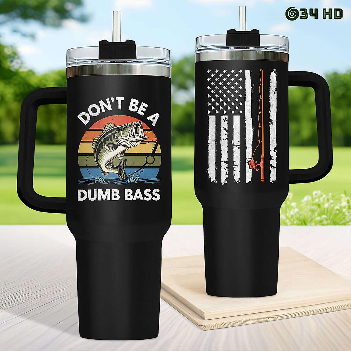 34HD Bass Fishing Tumbler with Lid and Straw, 40oz Bass Fish Cup for Dad Grandpa Uncle, Men Vacuum Insulated Mug, Fishing Gifts for Birthday Fathers Day Anniversary