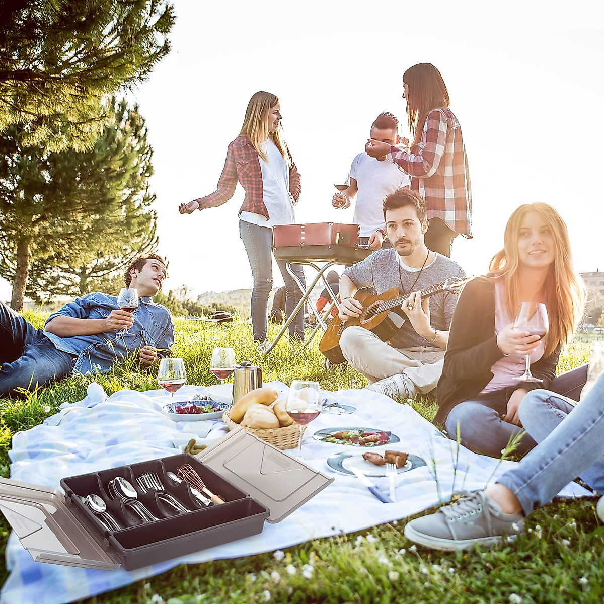 Goehiaul Silverware Organizer with Lid Silverware Tray for Drawer Countertop Utensil Organizer Cutlery Tray with Snap-on Lid