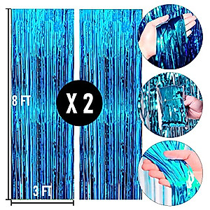 Dazzle Bright Backdrop Curtain, 3FT x 8FT Metallic Tinsel Foil Fringe Curtains Photo Booth Background for Baby Shower Party Birthday Wedding Engagement Bridal Shower (2, Blue)