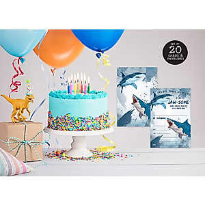 QOFO Ocean Sharks Birthday Party Invitations-Set of 20 With Envelopes,Underwater World Animal Party,Birthday Party Decorations And Supplies-YQC02