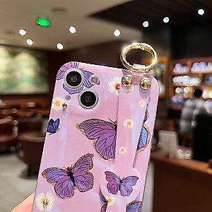Lastma for iPhone 13 Mini Case Cute with Wrist Strap Kickstand Glitter Bling Cartoon IMD Soft TPU Shockproof Protective Cases Cover for Girls and Women (Butterfly)