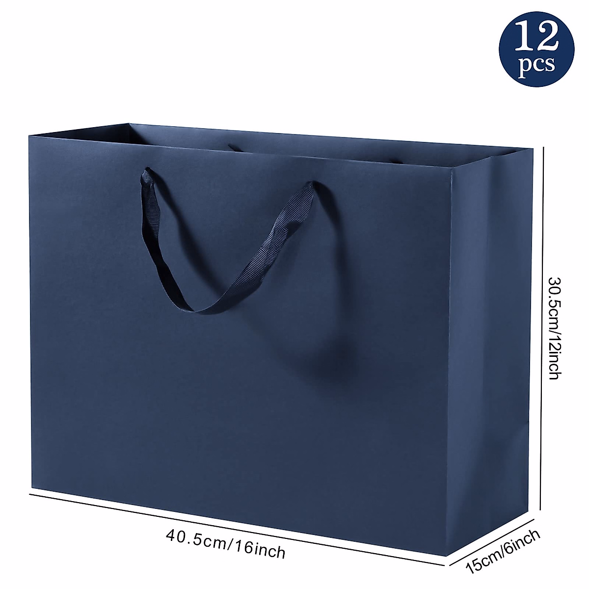 Umoofine Large Navy Blue Gift Bag 12 Pack, 15.7x5.9x12 Inches Extra Large Kraft Gift Bags with Ribbon Handles, Reusable Heavy Duty Kraft Navy Blue Paper Bags Bulk for Shopping, Wedding, Gift, Retail