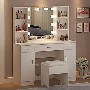 Vabches Makeup Vanity Desk with Lights, 3 Lighting Colors, White Vanity Set Makeup Table with 3 Drawers, 2 Cabinets & Multiple Shelves, Large Vanity 45.2in(L)