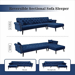POCIYIHOME Sectional Sofa Right Hand Facing Velvet Button Tufted, L Shape Chaise with Nail Head Detail, Conical Wood Leg, 2 Pillows, Modern & Elegant, Home Furniture for Living Room,Office, Navy Blue