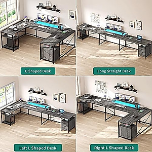 YITAHOME U Shaped Desk with Power Outlets & LED Lights, Reversible Computer Desk L Shaped Desk with Drawers, Large Corner Office Desk with Monitor Stand & Storage Shelves, 2 Person Desk, Grey