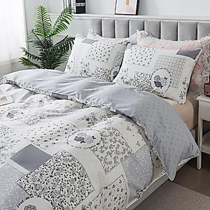 Lemfux 100% Cotton Floral Pattern Modern Theme Duvet Cover Set, Geometric Style Aesthetic White Soft Comforter Cover Set with Metal Zippers, Full Size, 3Pcs