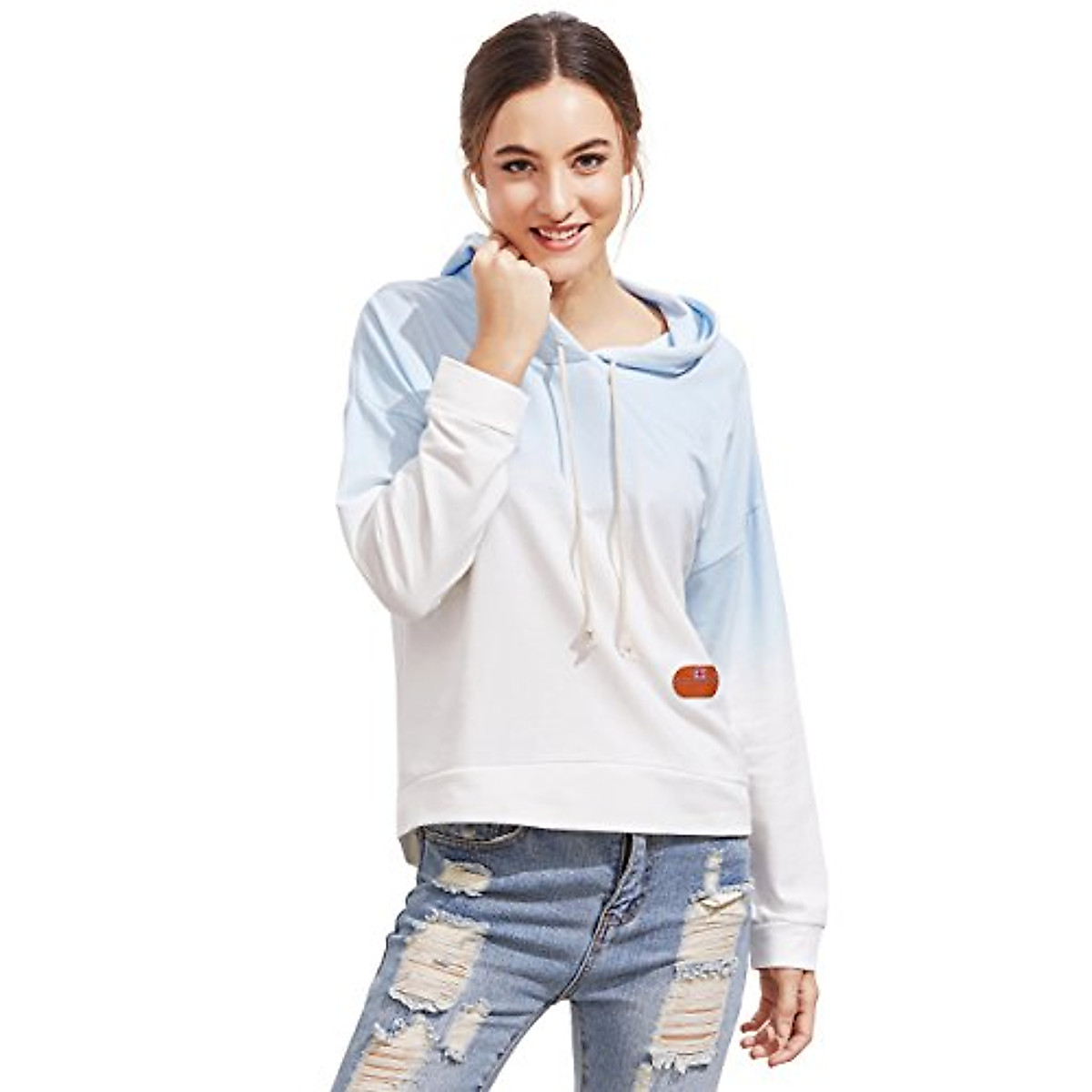 SweatyRocks Women's Long Sleeve Hoodie Sweatshirt Colorblock Tie Dye Print Tops Blue Ombre Small