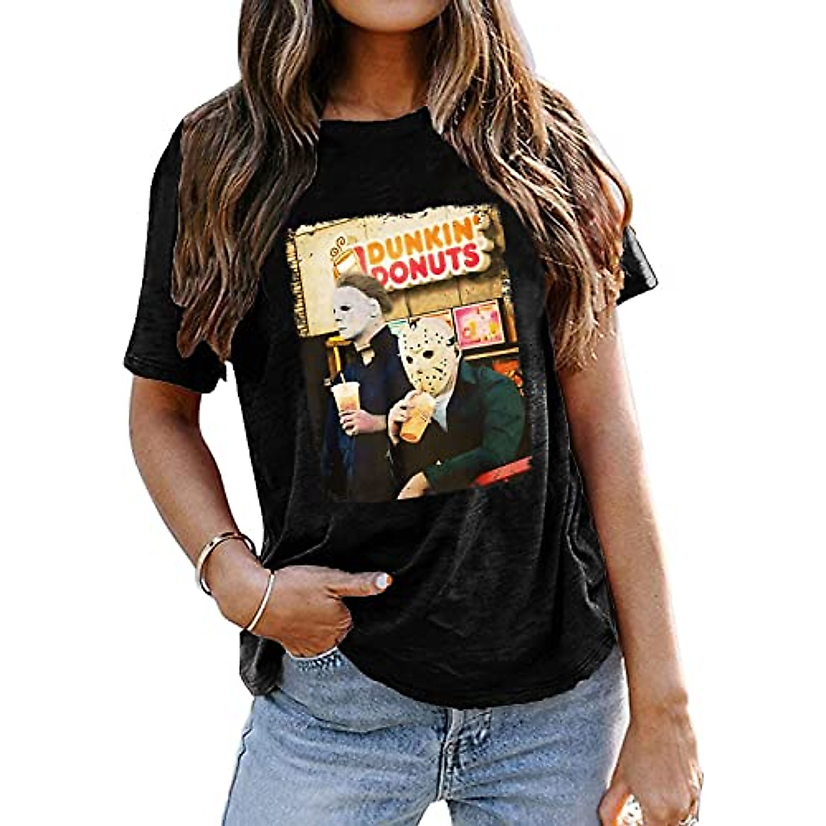 Horror Movies Tshirt Women Michael Myers Jason Scary Killers Shirt Novelty Graphic Halloween Party Tee Tops (XXL, Black)