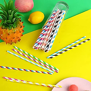 KIMOBER 200PCS Biodegradable Paper Straws,10 Color Stripes Rainbow Disposable Drinking Paper Straws for Wedding Hawaiian Birthday Party Supplies