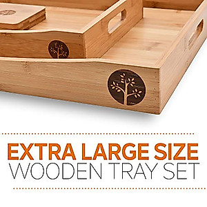 SJ Kitchen & Dining Wooden Serving Tray Set of 2 - Extra Large Tray with Handles 26" x 15" - Ottoman Coffee Table Decor & Durable Bed Tray for Serving Dishes, Premium Bamboo with 2 Coasters
