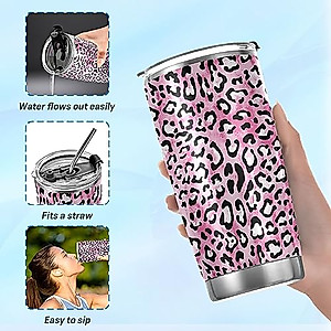 Jihqo Pink Leopard Tumbler with Lid and Straw, Insulated Stainless Steel Tumbler Cup, Double Walled Travel Coffee Mug Thermal Vacuum Cups for Hot & Cold Drinks 12oz