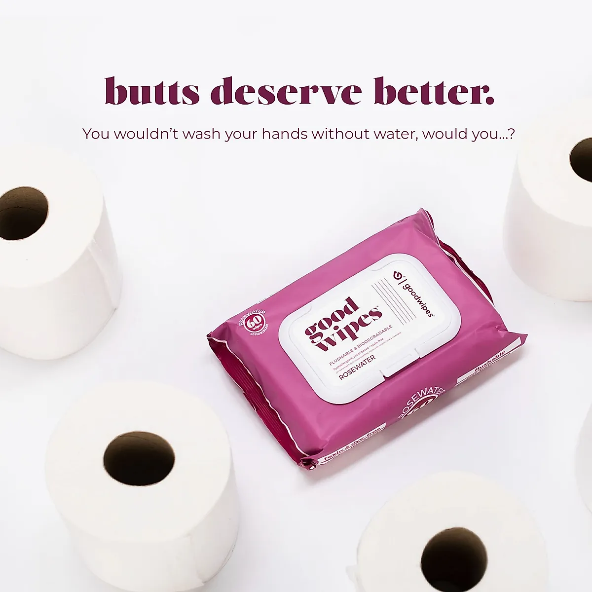 Goodwipes Flushable Butt Wipes Made with Vitamin E & Aloe - Soft & Gentle Wet Wipe Dispenser for Home Use, Septic & Sewer Safe - Largest Adult Toilet Towelettes - Rosewater, 360 Count (6 Packs)