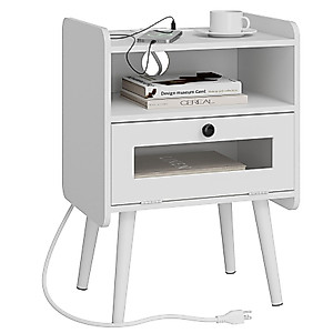 Masupu Nightstand with Charging Station,Mid-Century Modern Bedside Table with Storage Drawer and Open Wood Shelf,Small End Side Table with Glass Decorative Door for Bedroom,Living Room,White
