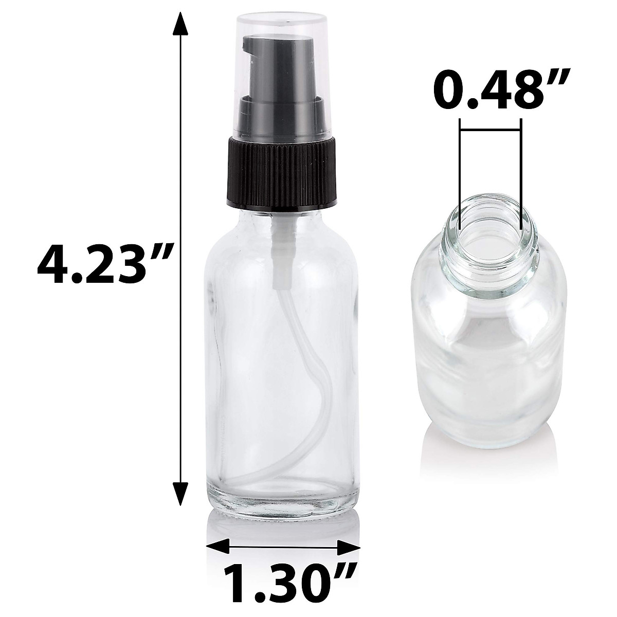 JUVITUS 1 oz / 30 ml Clear Glass Boston Round Bottle with Black Treatment Pump + Funnel (12 Pack)